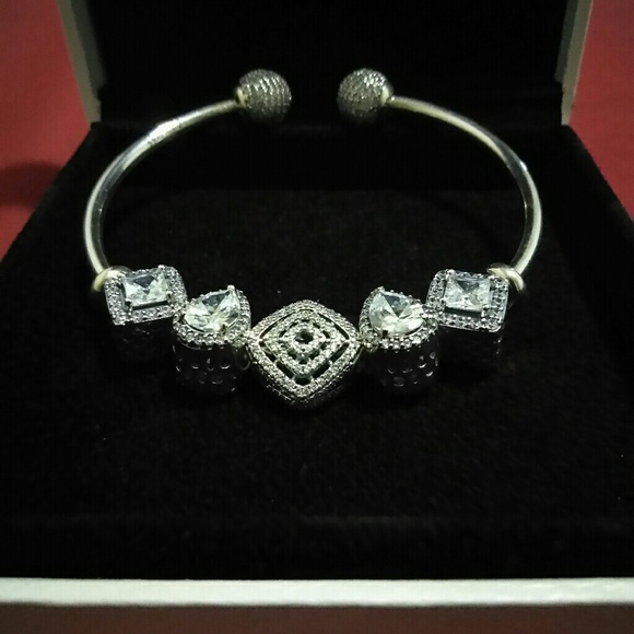 Pandora | Jewelry | Open Bangle Pandora Bracelet W Charms | Poshmark